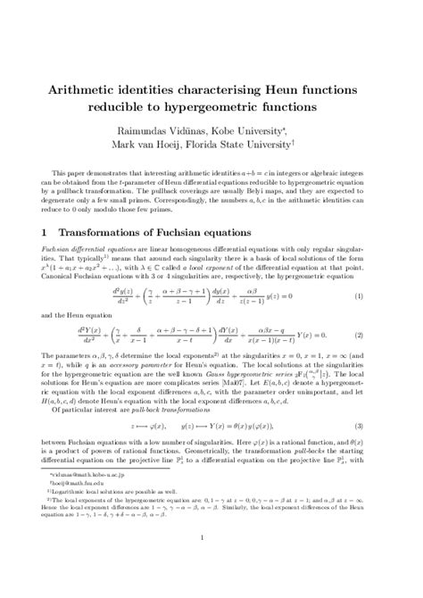 Pdf Arithmetic Identities Characterising Heun Functions Reducible To