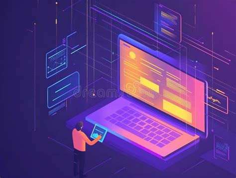 Isometric Woman Working Laptop Programming Code Interface Design