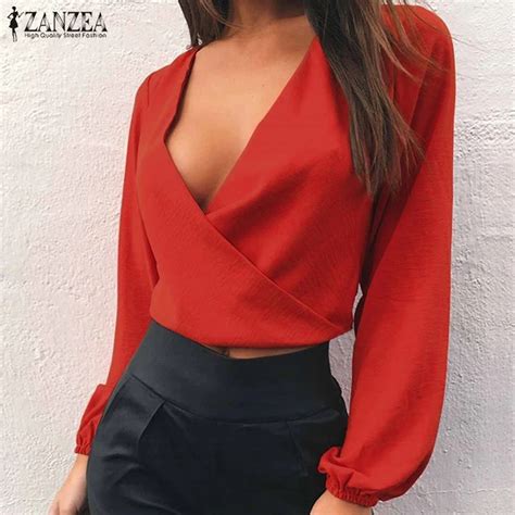 Zanzea 2019 Summer Fashion Women Sexy Deep V Neck Blouse Long Sleeve
