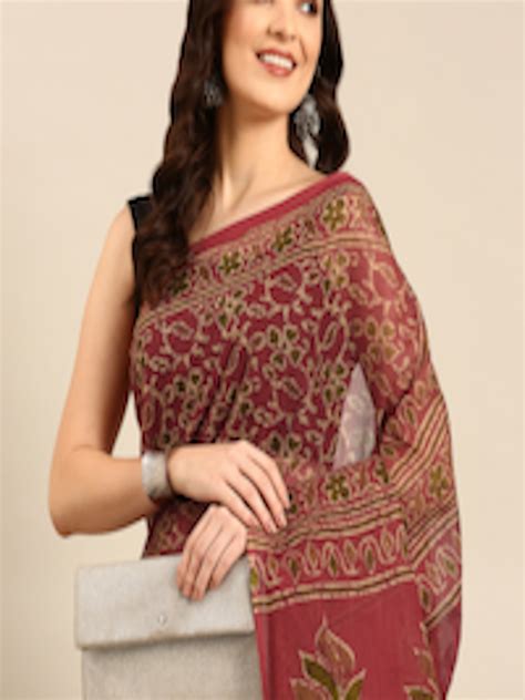 Buy Shanvika Red Batik Pure Cotton Block Print Saree Sarees For Women
