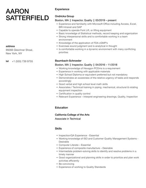 Inspector Quality Resume Samples Velvet Jobs