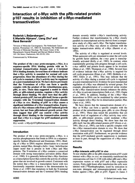 Pdf Interaction Of C Myc With The Prb Related Protein P107 Results In Inhibition Of C Myc