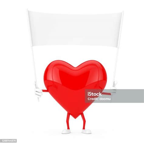 레드 하트 캐릭터 마스코트와 당신의 디자인을위한 여유 공간이있는 빈 흰색 빈 배너 3d 렌더링 감정에 대한 스톡 사진 및 기타