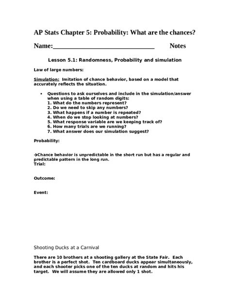 AP Stat Chapter 5 Randomness Probability And Simulation Doc Template