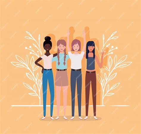 Personajes De Grupo De Chicas Interraciales Jóvenes Y Hermosas Vector