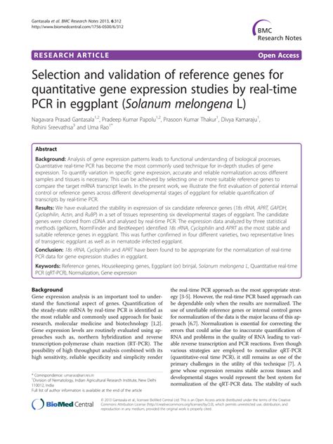Pdf Selection And Validation Of Reference Genes For Quantitative Gene