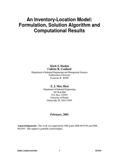 An Inventory Location Model Pdf Inventory Mathematical Optimization