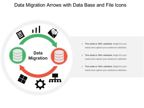 Data Migration Arrows With Data Base And File Icons Powerpoint Slide