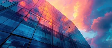 Modern Glass Building Reflecting Vibrant Sunset Sky With Dramatic
