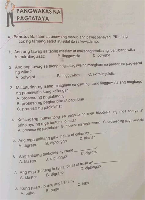 PANGWAKAS NA PAGTATAYA A Panuto Basahin At StudyX