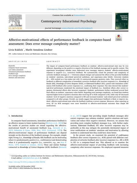 Pdf Affective Motivational Effects Of Performance Feedback In Computer Based Assessment Does