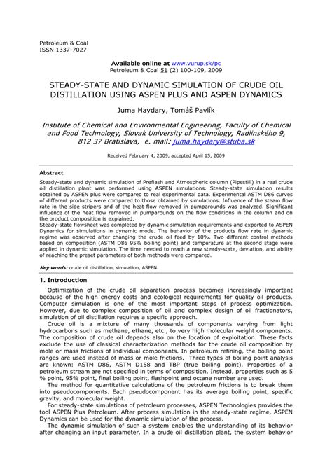 Pdf Steady State And Dynamic Simulation Of Crude Oil Distillation Using Aspen Plus And Aspen