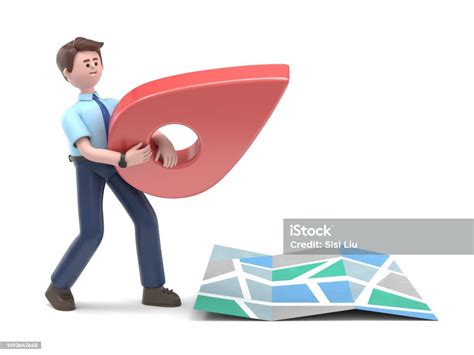 웃고 있는 아시아 남자 펠릭스가 핀 아이콘 지도가 있는 빨간색 위치 아이콘3d 흰색 배경에 렌더링하는 3d 그림 가공의 인물에 대한 스톡 사진 및 기타 이미지 Istock