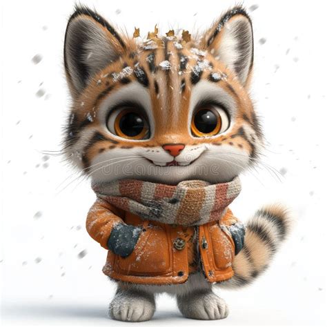 Cute Happy Lynx Isolated On White Background Wearing Cold Weather Or