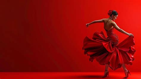 Young Beautiful Flamenco Dancer In Red Dress Dancing Passionately On