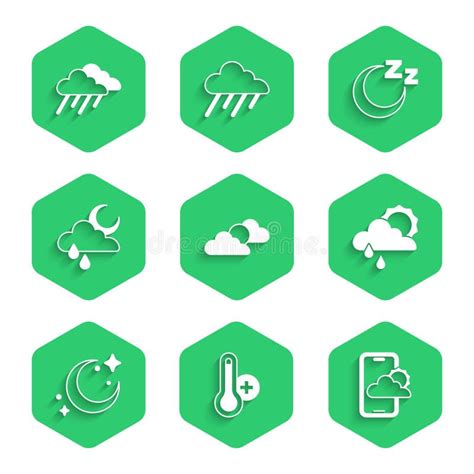 Set Sun And Cloud Weather Meteorology Thermometer Weather Forecast Cloud With Rain Sun Moon