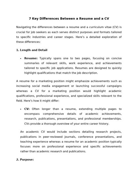 7 Key Differences Between A Resume And A Cv Pdf Résumé