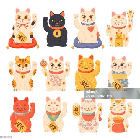 행운의 새끼 고양이 동양 일본 기념품 행운의 고양이 만화 아시아 행운과 풍요 로움 기호 전통적인 마네키 네코 고양이 벡터 기호