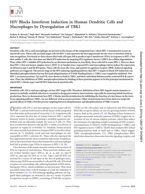 Pdf Hiv Blocks Interferon Induction In Human Dendritic Cells And Macrophages By Dysregulation
