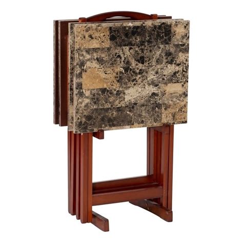 Linon Faux Marble Wood Five Piece Tray Table Set In Brown Homesquare