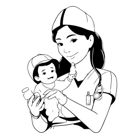 Медсестра с ребенком на руках Карикатурная векторная иллюстрация Премиум Ai сгенерированный вектор