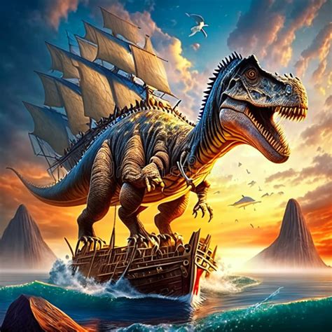 Tyrannosaurus Rex On The Background Of The Sea And A Ship Ai Generated Stock Illustration