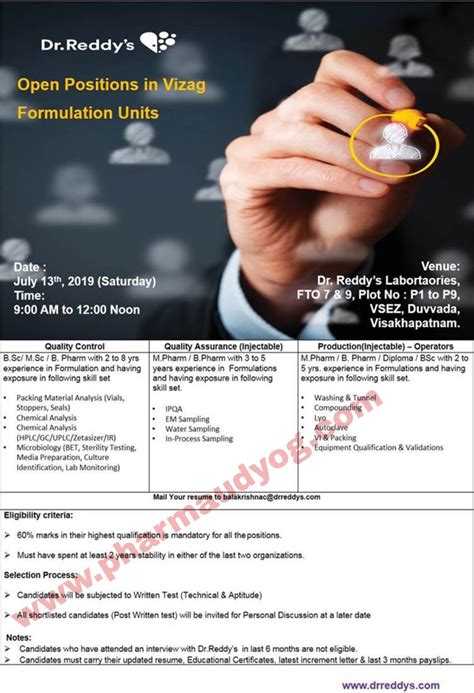 Dr Reddy S Laboratories Walk In Interview For Formulation Units 13 July 2019 Visakhapatnam