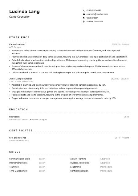 Camp Counselor Resume Example
