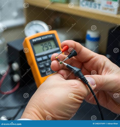 A Hand Holding A Circuit Tester With Probes Measuring Resistance Across A Resistor In A Lab