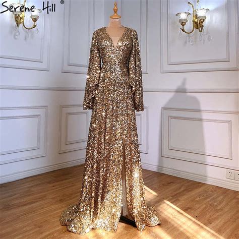 Serene Hill Gold A Line High Split Evening Dresses Gowns 2025 Luxury F