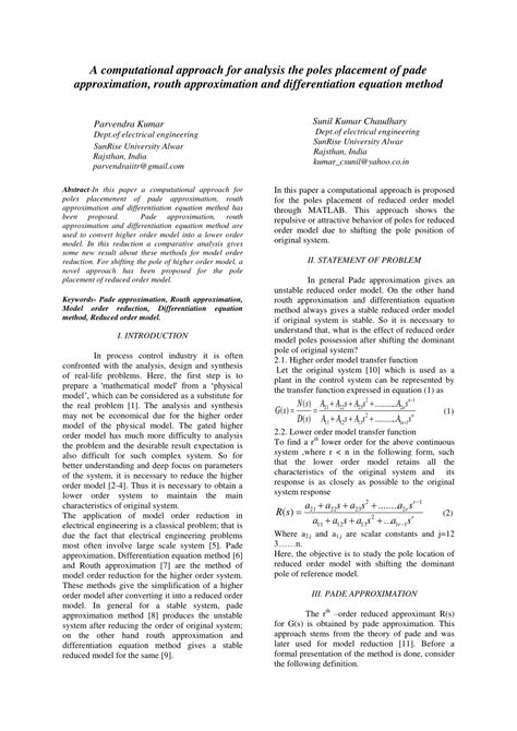 Pdf A Computational Approach For Analysis The Poles Placement Of Pade