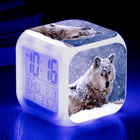 Lisacann Led Alarm Clock Wolf Pattern Creative Desk Table Clock Glowing Electronic Colorful