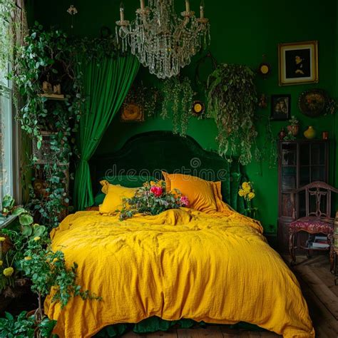 A Bedroom With Green Walls And A Yellow Bedspread Stock Image Image