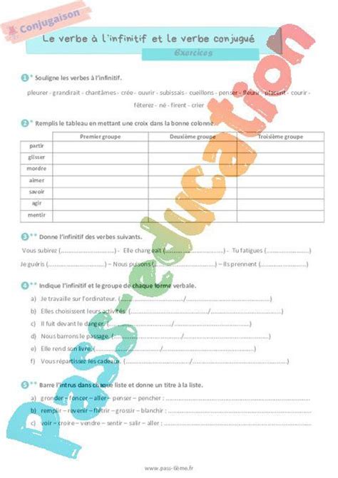 Le Verbe à Linfinitif Et Le Verbe Conjugué Exercices De Conjugaison