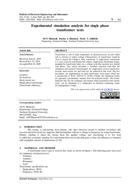Pdf Experimental Simulation Analysis For Single Phase Transformer Tests