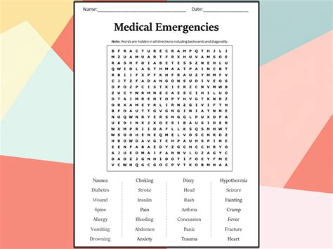 medical emergencies word search puzzle worksheet activity teaching
