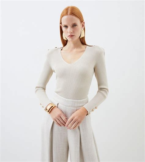 Buy Karen Millen Ribbed Knit V Neck Power Shoulder Military Top In