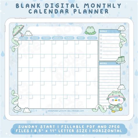 Digital Rainy Day Penguin Monthly Planner Printable Calendar Cute