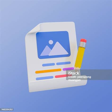 3d 최소한의 콘텐츠 제작 소셜 미디어 게시물 블로그 게시물 연필이 있는 콘텐츠 용지 3d 그림입니다 0명에 대한 스톡 사진 및