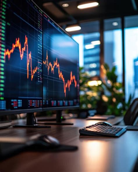 A Modern Office Setup Featuring Dual Monitors Displaying Stock Market