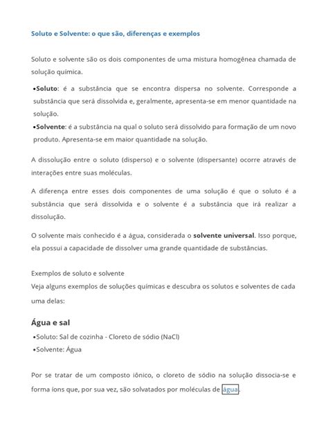 Soluto E Solvente Pdf Solução Solubilidade