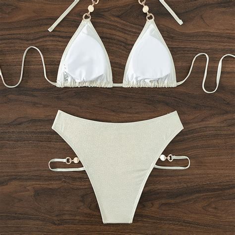 Glitter Beaded String High Cut Cheeky Triangle Brazilian Two Piece Bik