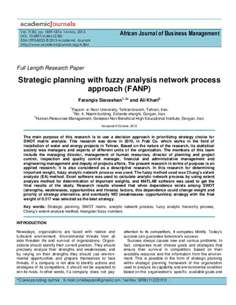 Pdf Strategic Planning With Fuzzy Analysis Network Process Approach