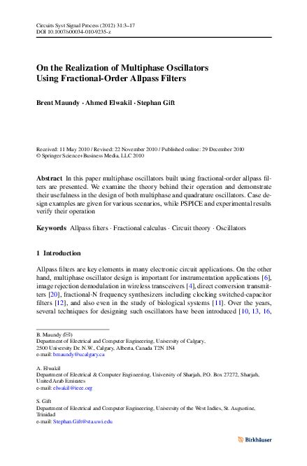 Pdf On The Realization Of Multiphase Oscillators Using Fractional Order Allpass Filters
