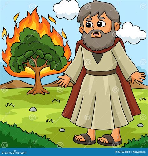 Christian Moses And Burning Bush Colored Cartoon Stock Vector