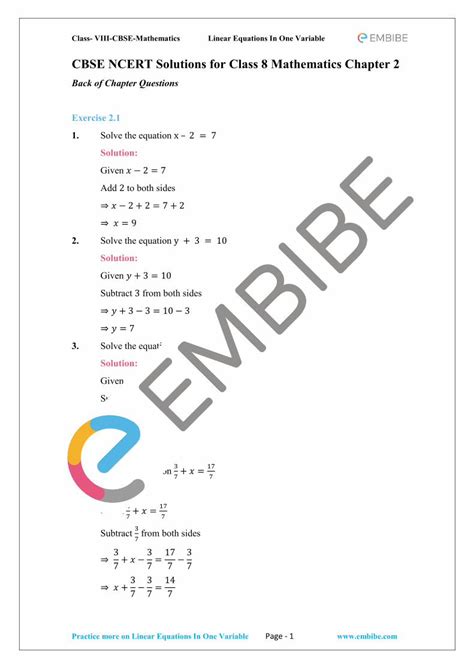 PDF CBSE NCERT Solutions For Class Mathematics Chapter Class VIII CBSE Mathematics Linear