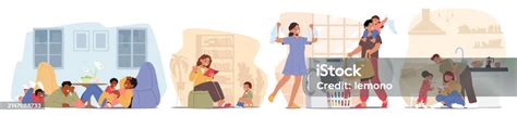 집에서 행복한 가족 장면 부모와 어린 아이들 캐릭터가 함께 시간을 보내며 빨래를 즐깁니다 남자에 대한 스톡 벡터 아트 및 기타 이미지 Istock