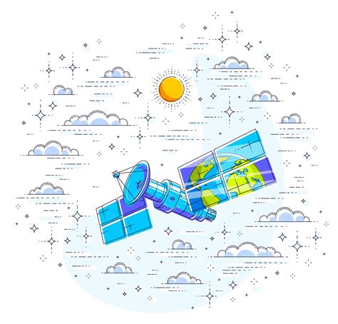 Premium Vector Global Communication Technology Satellite Flying In The Cloudy Sky And