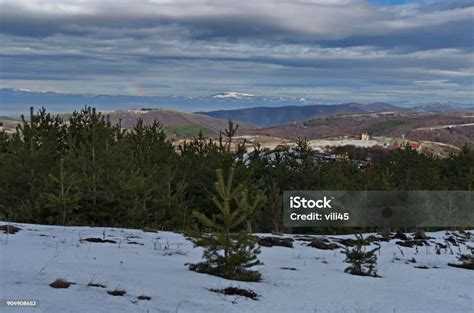 흐린 하늘 겨울 산 눈 덮인 숲 사이의 빈 터 주거 지구 침 엽 수 및 발칸 산 또는 Stara Planina 플 산에서 낙 엽 숲의 장엄한 보기 0명에 대한 스톡 사진 및