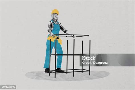서식 파일 스케치 트렌드 삽화 공석 노동자 사업 시간 모집 건축업자 제복 늙은 여자 모델 포즈 스탠드 산업의 3d 콜라주 45 49세에 대한 스톡 사진 및 기타 이미지